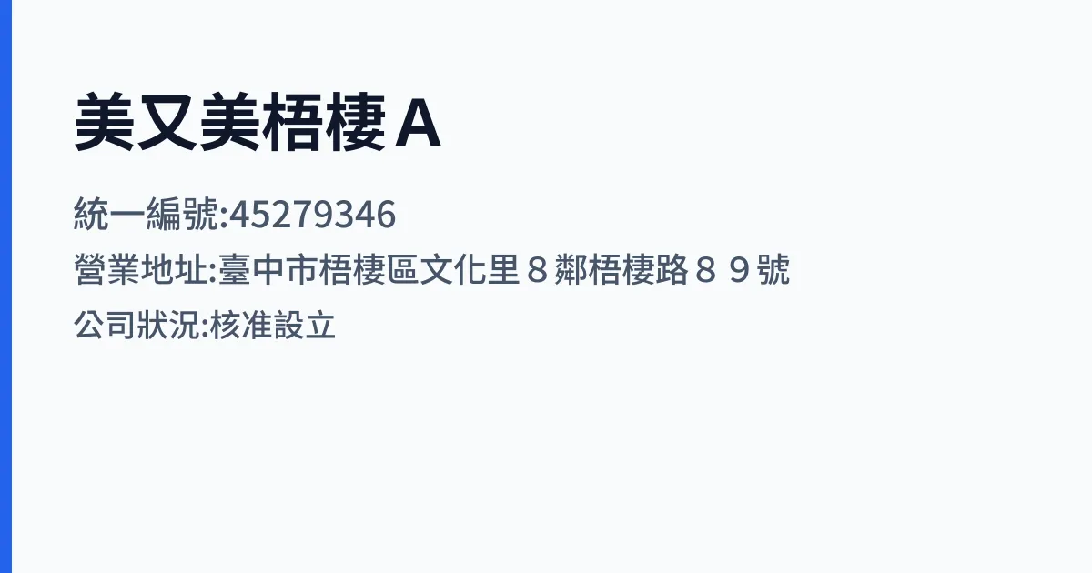 美又美梧棲Ａ - 統編 45279346(臺中市) 公司登記資料與營業項目詳細圖表