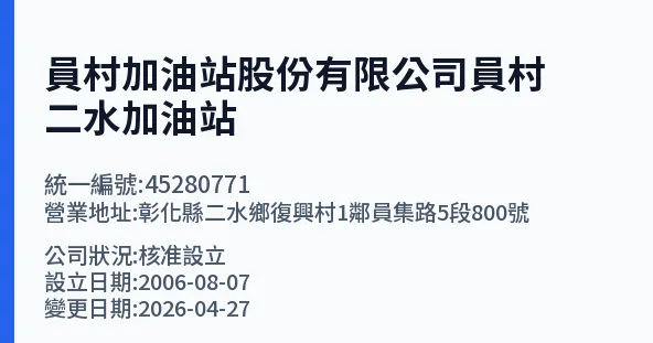 員村加油站股份有限公司員村二水加油站的照片-統編 45280771(彰化縣) 公司登記資料與營業項目詳細圖表