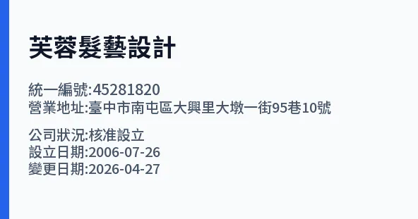 芙蓉髮藝設計的照片-統編 45281820(臺中市) 公司登記資料與營業項目詳細圖表