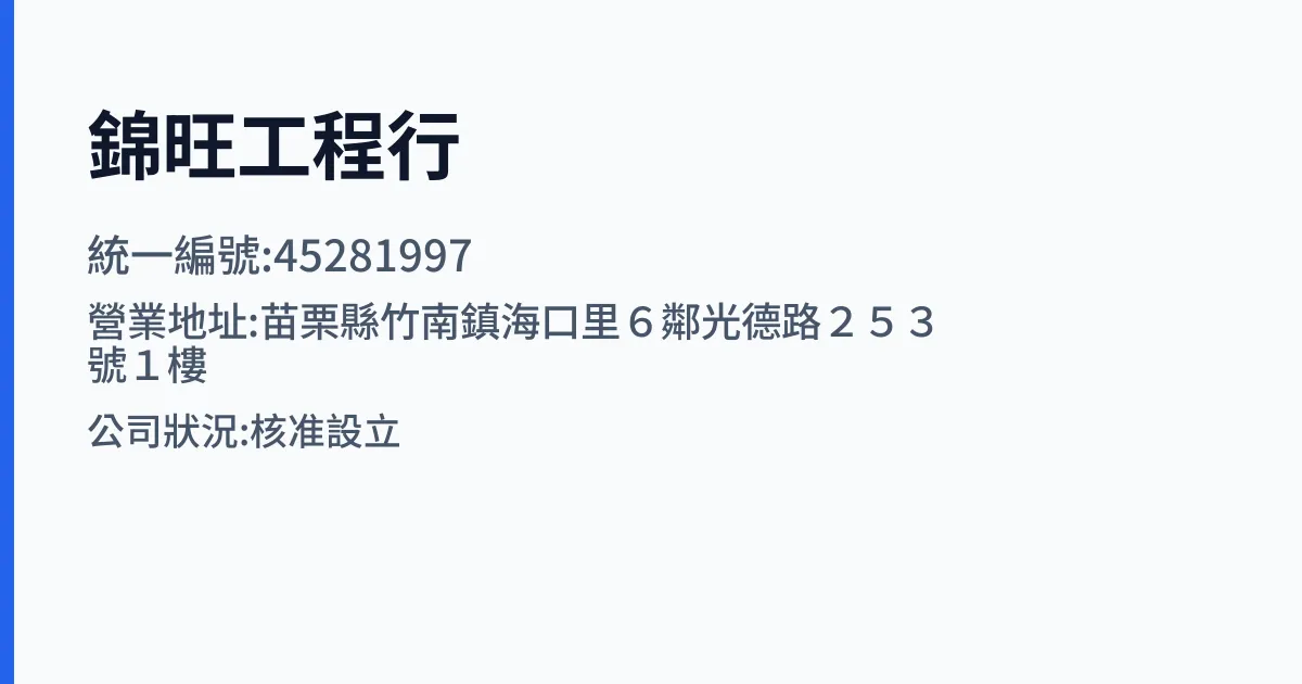 錦旺工程行 - 統編 45281997(苗栗縣) 公司登記資料與營業項目詳細圖表