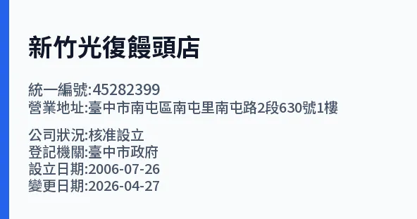新竹光復饅頭店的照片-統編 45282399(臺中市) 公司登記資料與營業項目詳細圖表