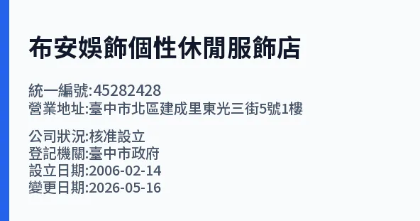 布安娛飾個性休閒服飾店的照片-統編 45282428(臺中市) 公司登記資料與營業項目詳細圖表