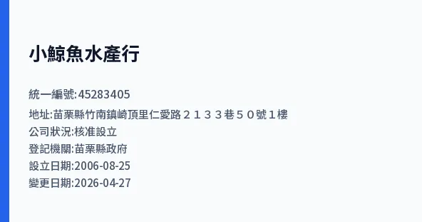 小鯨魚水產行的照片-統編 45283405(苗栗縣) 公司登記資料與營業項目詳細圖表