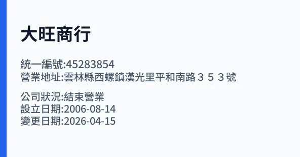 大旺商行的照片-統編 45283854(雲林縣) 公司登記資料與營業項目詳細圖表