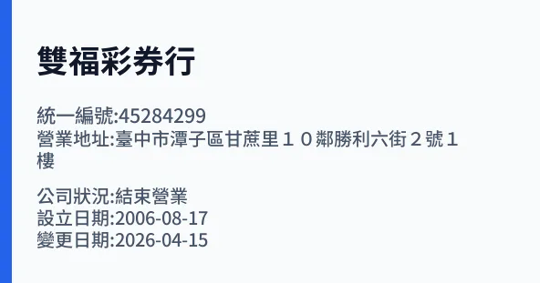 雙福彩券行的照片-統編 45284299(臺中市) 公司登記資料與營業項目詳細圖表