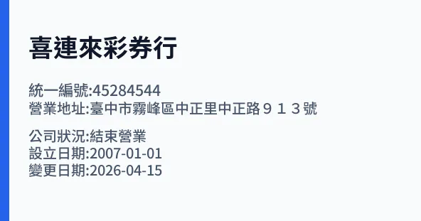 喜連來彩券行的照片-統編 45284544(臺中市) 公司登記資料與營業項目詳細圖表