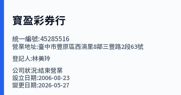 寶盈彩券行的照片-統編 45285516(臺中市) 公司登記資料與營業項目詳細圖表
