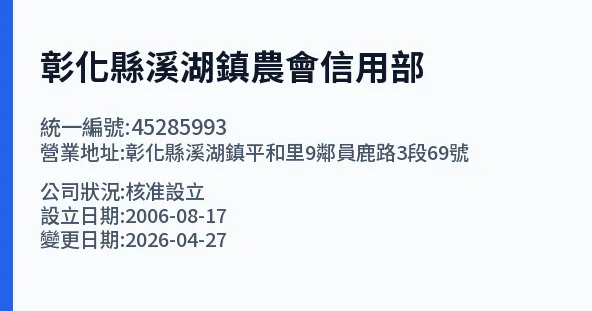 彰化縣溪湖鎮農會信用部的照片-統編 45285993(彰化縣) 公司登記資料與營業項目詳細圖表