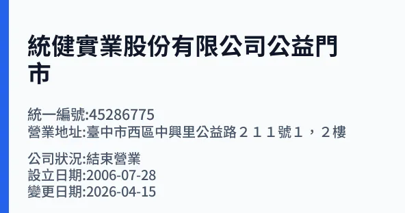 統健實業股份有限公司公益門市的照片-統編 45286775(臺中市) 公司登記資料與營業項目詳細圖表