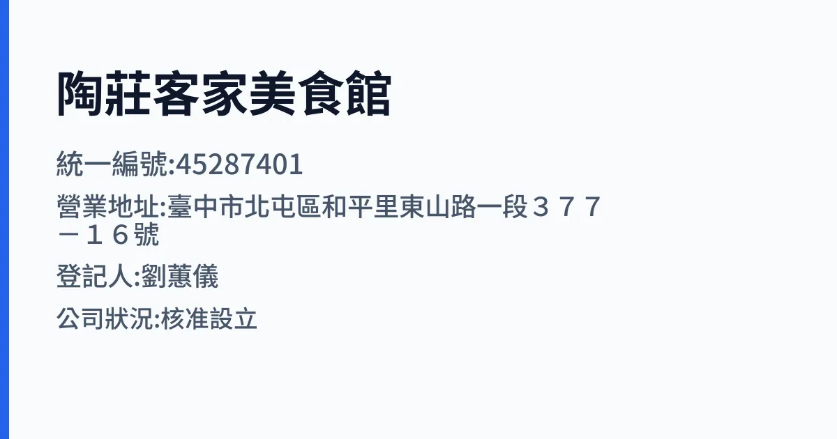 陶莊客家美食館 - 統編 45287401(臺中市) 公司登記資料與營業項目詳細圖表