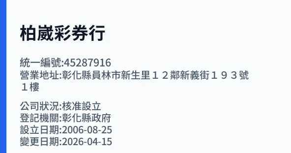 柏崴彩券行的照片-統編 45287916(彰化縣) 公司登記資料與營業項目詳細圖表