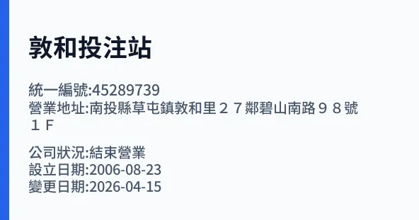 敦和投注站的照片-統編 45289739(南投縣) 公司登記資料與營業項目詳細圖表