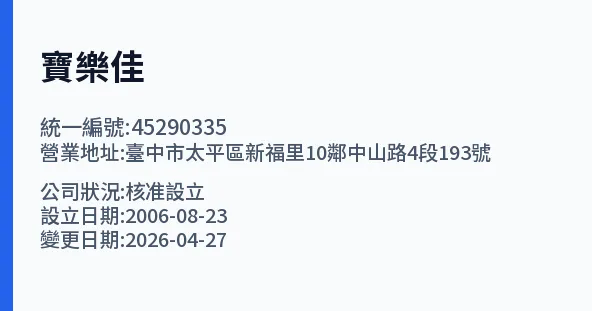 寶樂佳的照片-統編 45290335(臺中市) 公司登記資料與營業項目詳細圖表