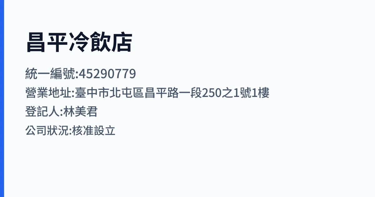 昌平冷飲店 - 統編 45290779(臺中市) 公司登記資料與營業項目詳細圖表