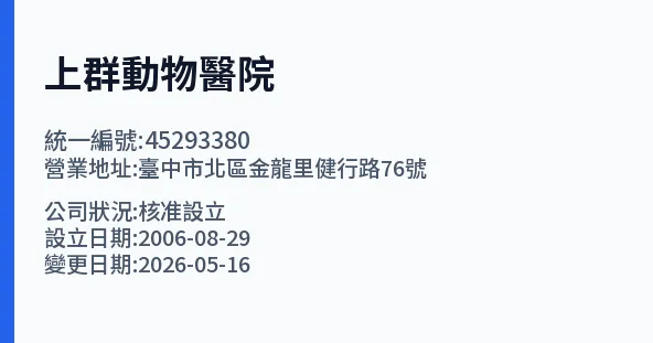上群動物醫院的照片-統編 45293380(臺中市) 公司登記資料與營業項目詳細圖表