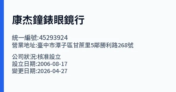 康杰鐘錶眼鏡行的照片-統編 45293924(臺中市) 公司登記資料與營業項目詳細圖表