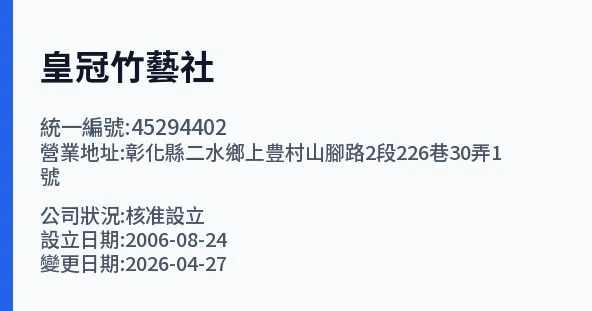 皇冠竹藝社的照片-統編 45294402(彰化縣) 公司登記資料與營業項目詳細圖表