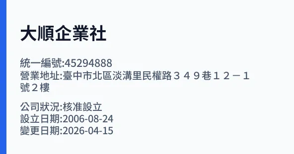 大順企業社的照片-統編 45294888(臺中市) 公司登記資料與營業項目詳細圖表