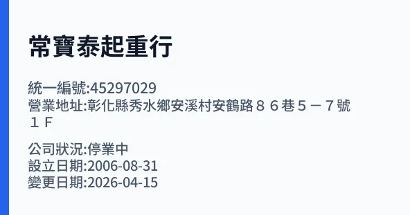 常寶泰起重行的照片-統編 45297029(彰化縣) 公司登記資料與營業項目詳細圖表