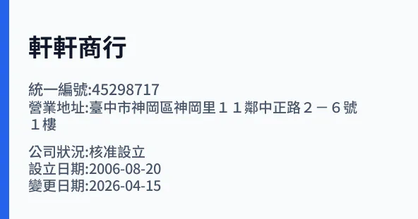 軒軒商行的照片-統編 45298717(臺中市) 公司登記資料與營業項目詳細圖表