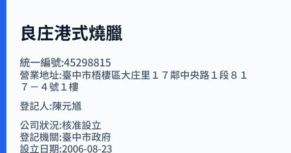 良庄港式燒臘的照片-統編 45298815(臺中市) 公司登記資料與營業項目詳細圖表
