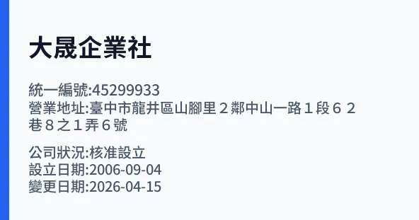 大晟企業社的照片-統編 45299933(臺中市) 公司登記資料與營業項目詳細圖表