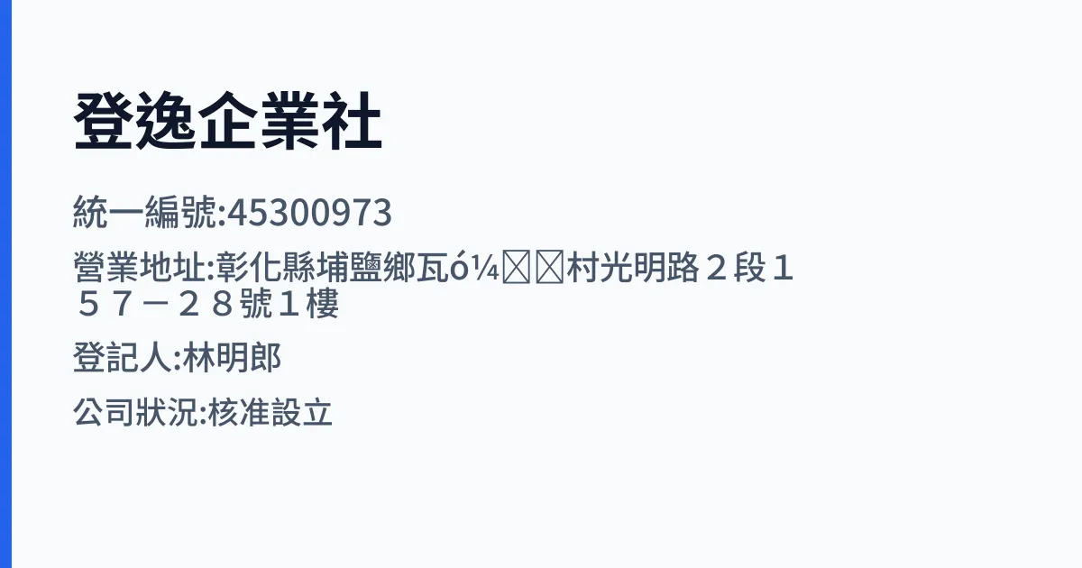 登逸企業社 - 統編 45300973(彰化縣) 公司登記資料與營業項目詳細圖表