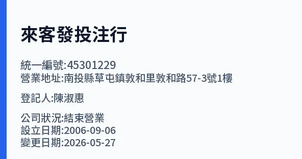 來客發投注行的照片-統編 45301229(南投縣) 公司登記資料與營業項目詳細圖表
