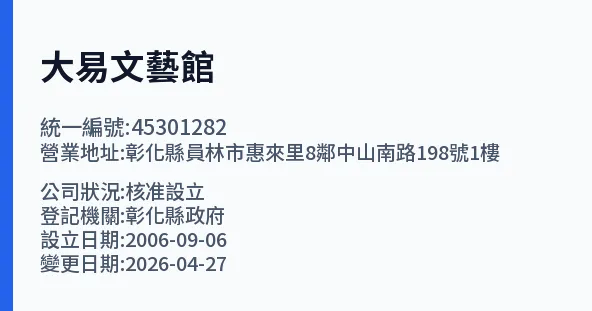 大易文藝館的照片-統編 45301282(彰化縣) 公司登記資料與營業項目詳細圖表