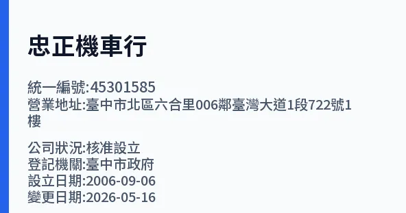 忠正機車行的照片-統編 45301585(臺中市) 公司登記資料與營業項目詳細圖表