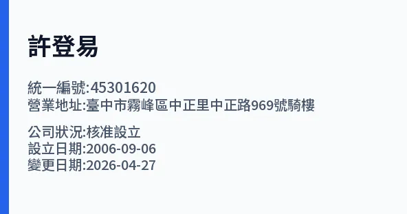 許登易的照片-統編 45301620(臺中市) 公司登記資料與營業項目詳細圖表