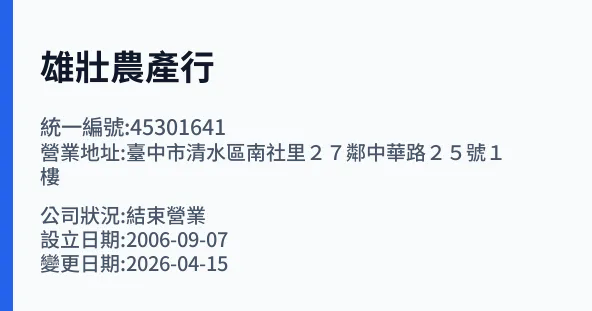 雄壯農產行的照片-統編 45301641(臺中市) 公司登記資料與營業項目詳細圖表