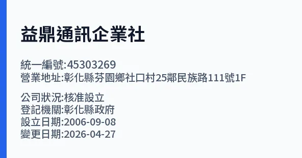 益鼎通訊企業社的照片-統編 45303269(彰化縣) 公司登記資料與營業項目詳細圖表