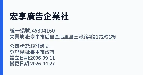 宏享廣告企業社的照片-統編 45304160(臺中市) 公司登記資料與營業項目詳細圖表