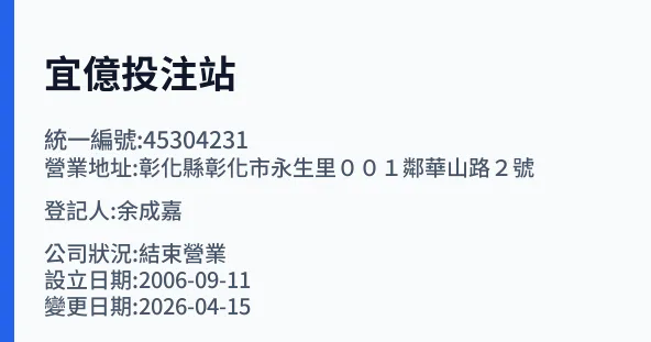 宜億投注站的照片-統編 45304231(彰化縣) 公司登記資料與營業項目詳細圖表
