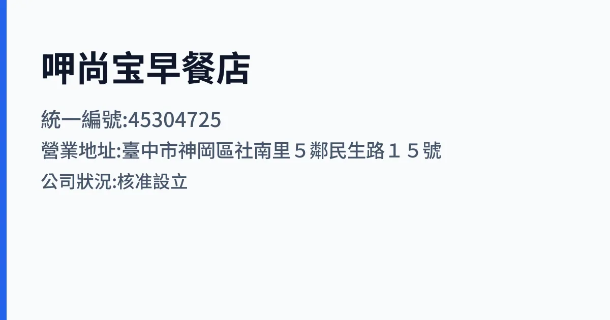 呷尚宝早餐店 - 統編 45304725(臺中市) 公司登記資料與營業項目詳細圖表