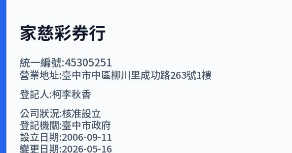 家慈彩券行的照片-統編 45305251(臺中市) 公司登記資料與營業項目詳細圖表