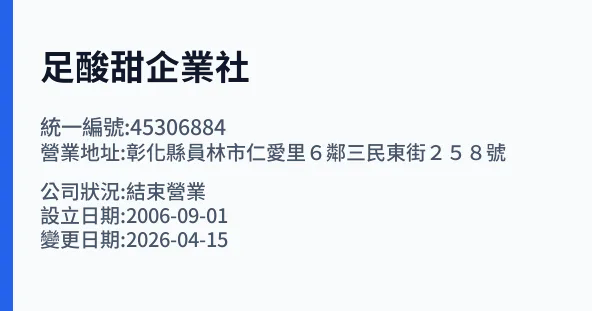 足酸甜企業社的照片-統編 45306884(彰化縣) 公司登記資料與營業項目詳細圖表