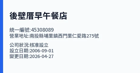 後壁厝早午餐店的照片-統編 45308089(南投縣) 公司登記資料與營業項目詳細圖表