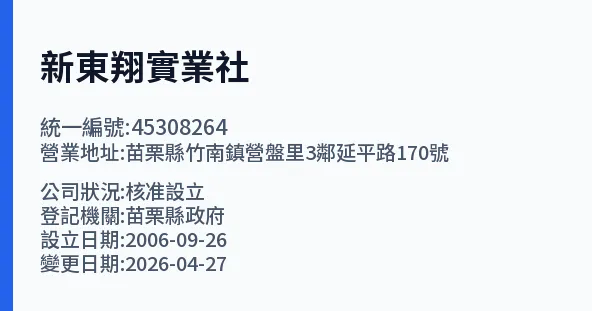 新東翔實業社的照片-統編 45308264(苗栗縣) 公司登記資料與營業項目詳細圖表