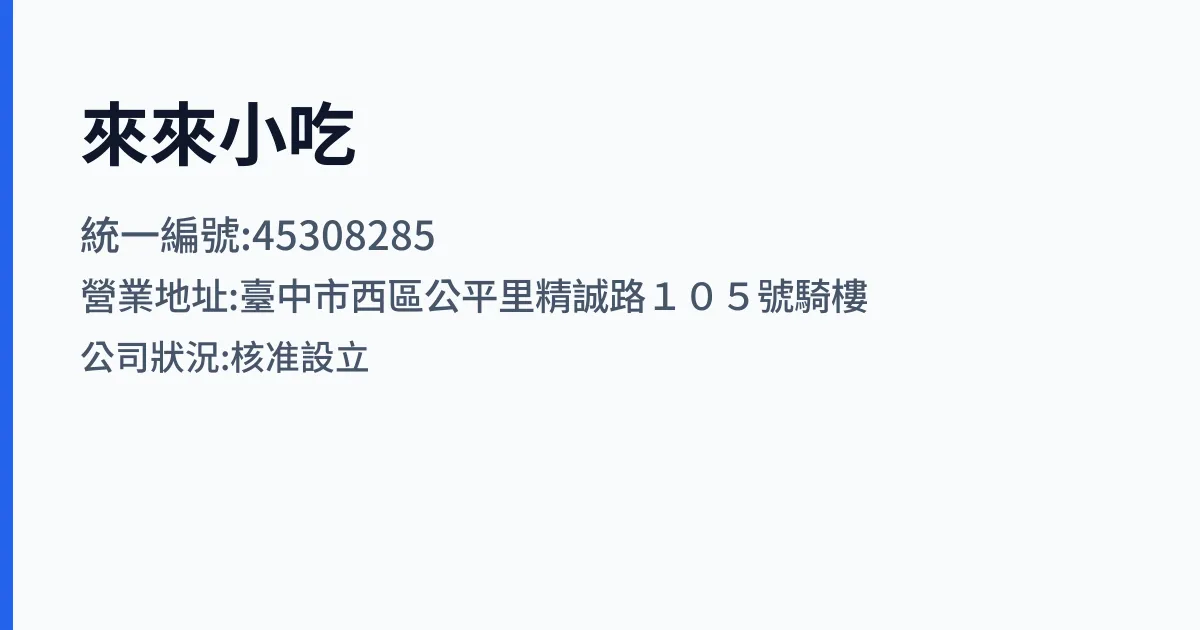 來來小吃 - 統編 45308285(臺中市) 公司登記資料與營業項目詳細圖表