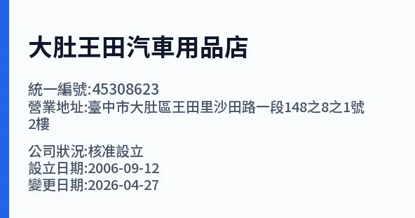 大肚王田汽車用品店的照片-統編 45308623(臺中市) 公司登記資料與營業項目詳細圖表