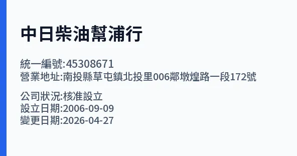 中日柴油幫浦行的照片-統編 45308671(南投縣) 公司登記資料與營業項目詳細圖表