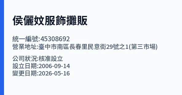 侯儷妏服飾攤販的照片-統編 45308692(臺中市) 公司登記資料與營業項目詳細圖表