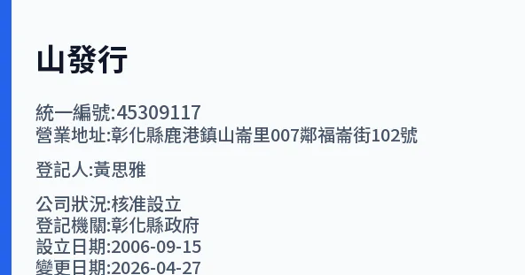 山發行的照片-統編 45309117(彰化縣) 公司登記資料與營業項目詳細圖表