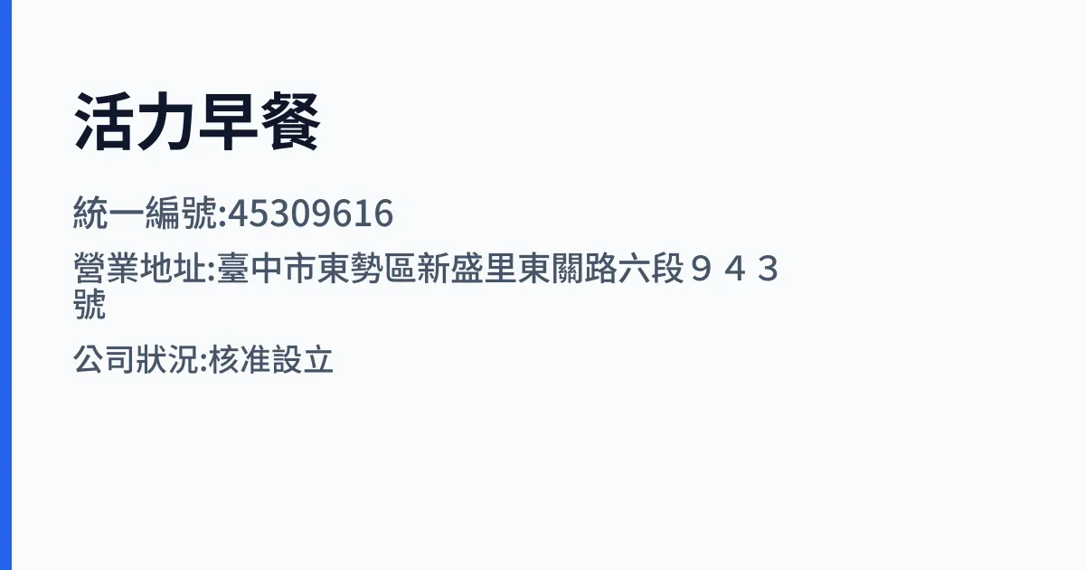 活力早餐 - 統編 45309616(臺中市) 公司登記資料與營業項目詳細圖表