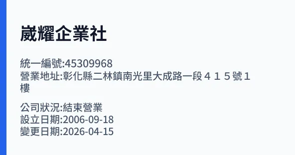 崴耀企業社的照片-統編 45309968(彰化縣) 公司登記資料與營業項目詳細圖表