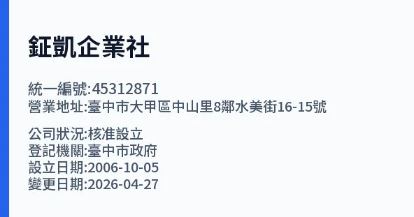 鉦凱企業社的照片-統編 45312871(臺中市) 公司登記資料與營業項目詳細圖表