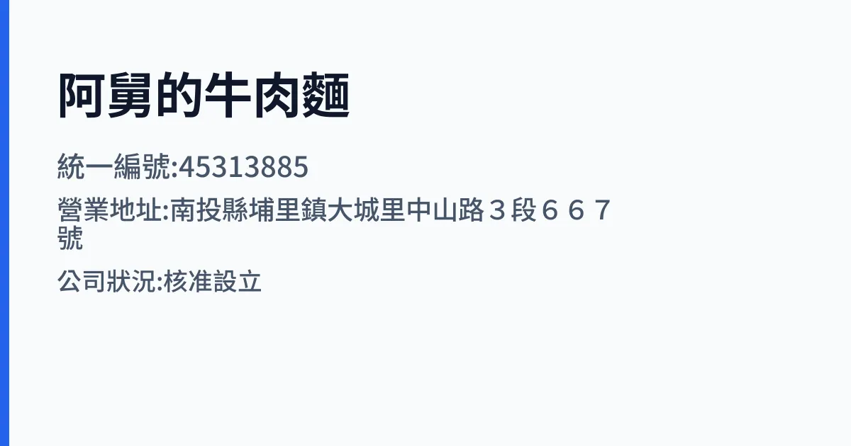 阿舅的牛肉麵 - 統編 45313885(南投縣) 公司登記資料與營業項目詳細圖表