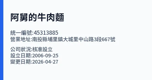 阿舅的牛肉麵的照片-統編 45313885(南投縣) 公司登記資料與營業項目詳細圖表